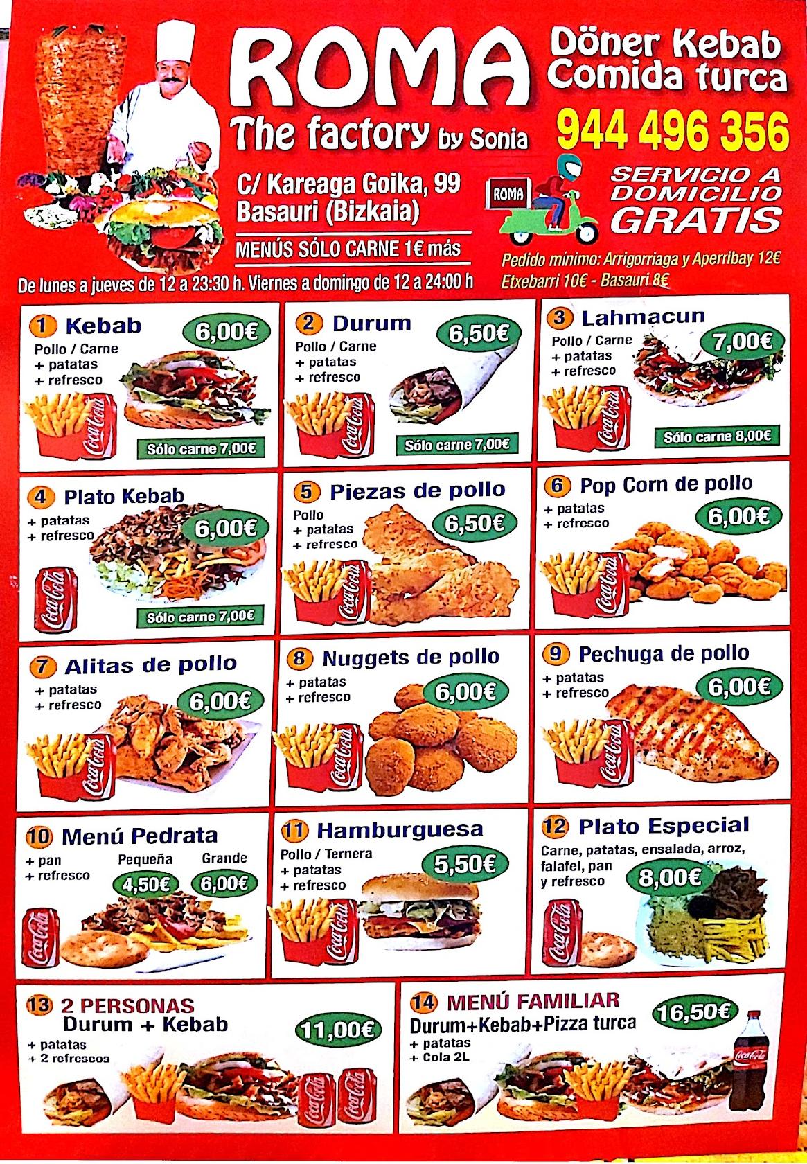 Menu at Roma Döner Kebab (The Factory Bar), Basauri