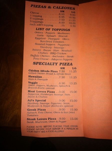 Menu at AJ's Pizzaria pizzeria, West Boylston