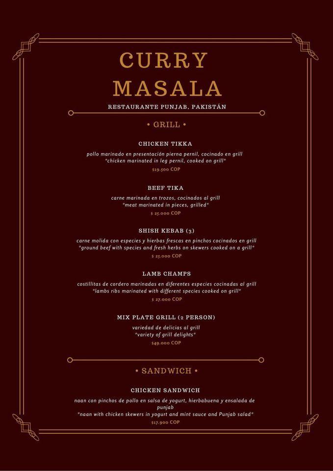 Carta del restaurante Curry Masala, Bogotá, Cra. 24 # 39a 44