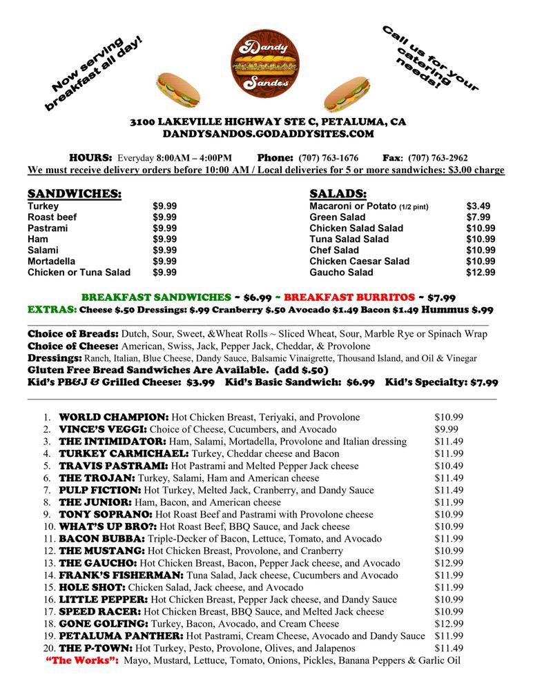 Menu at Dandy Sandos restaurant, Petaluma