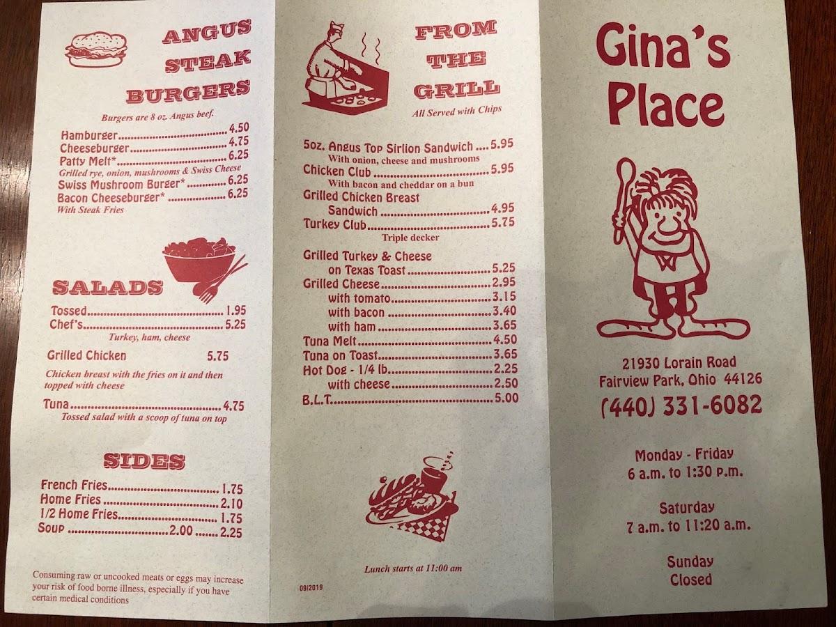 Menu at Gina's Place restaurant, Fairview Park