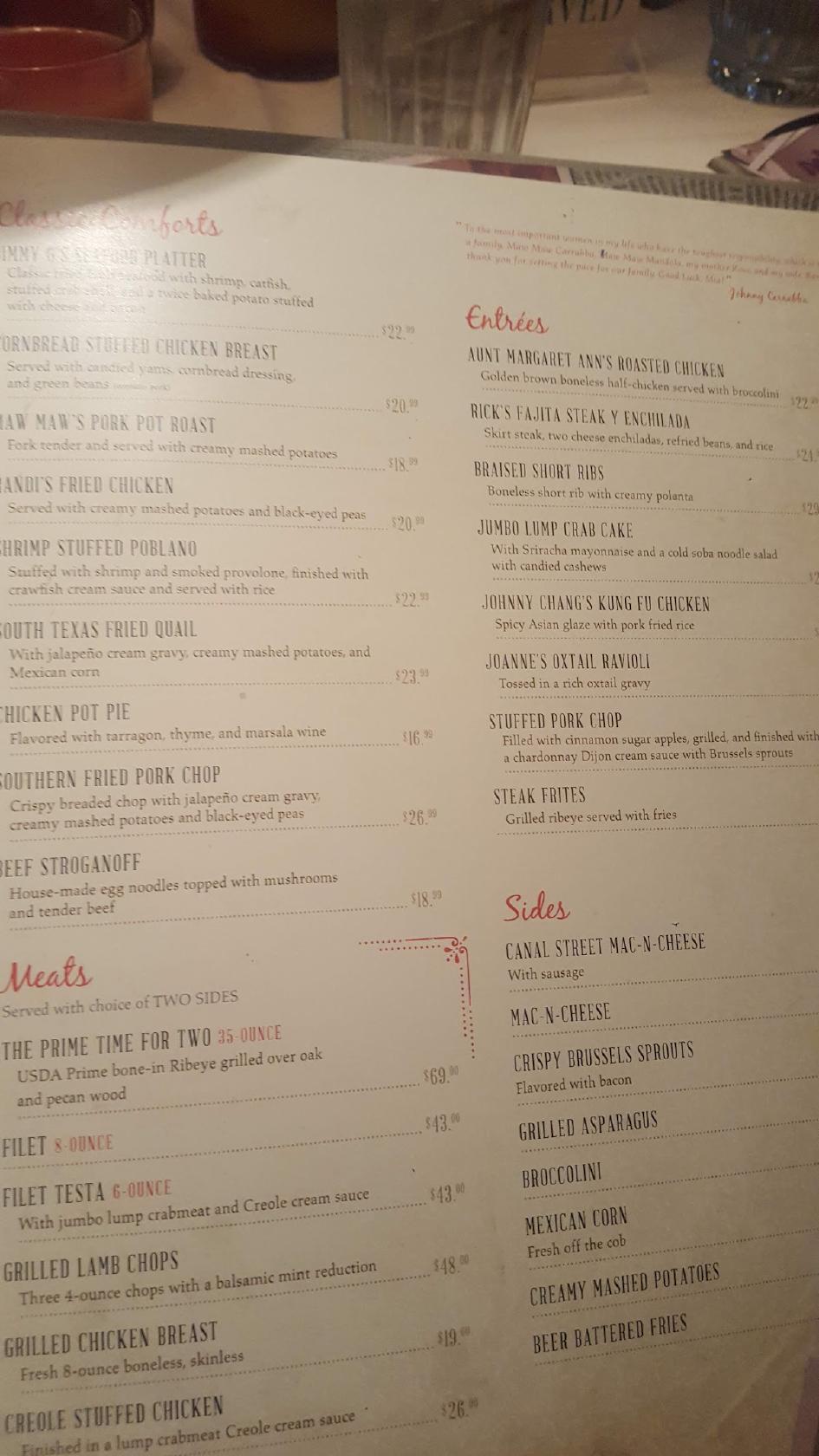 Menu at Grace's restaurant, Houston