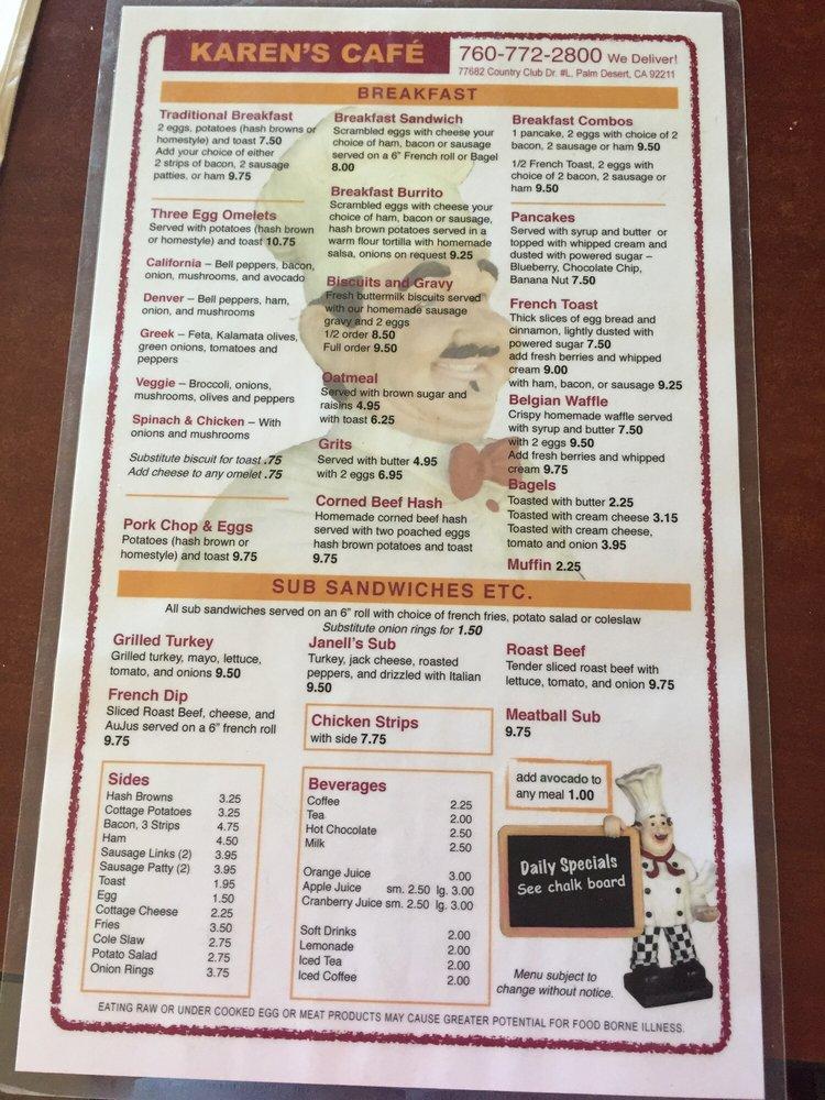 Menu at Karen's Café restaurant, Palm Desert