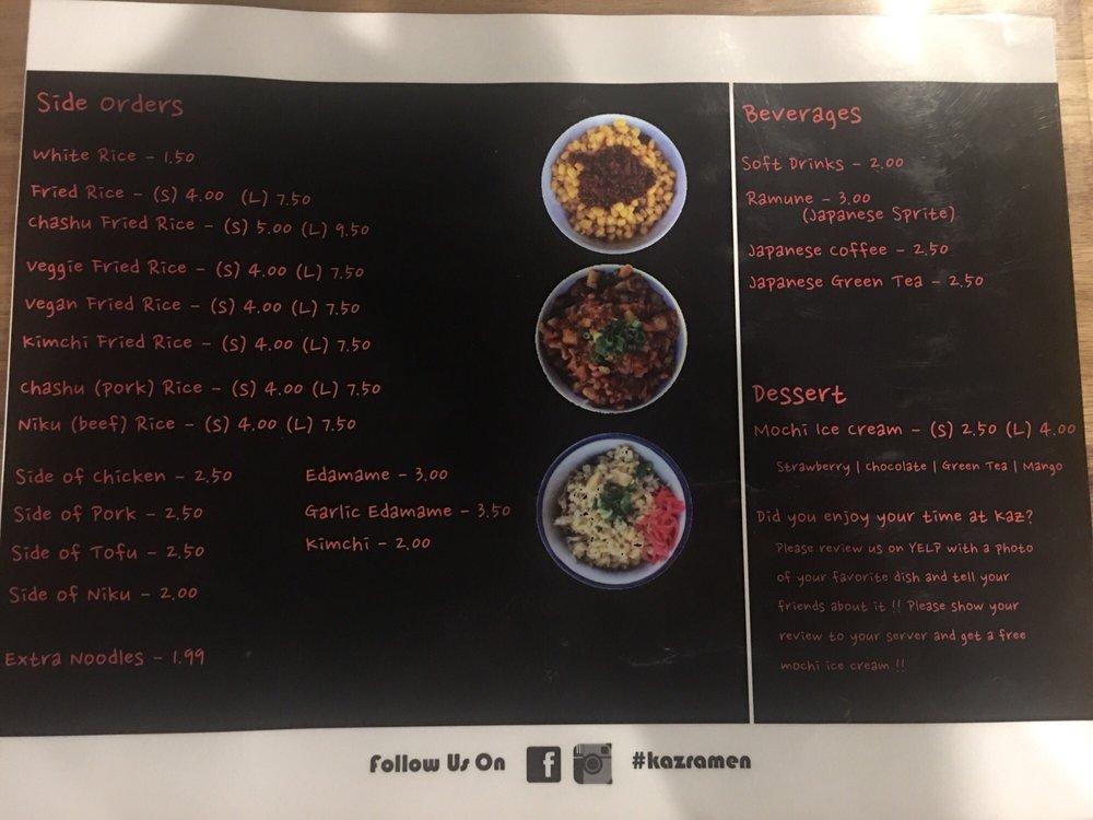 Menu at Kaz Ramen restaurant, Grand Terrace