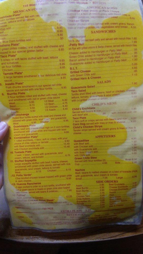 Menu at Martin's Capitol Cafe, Roswell