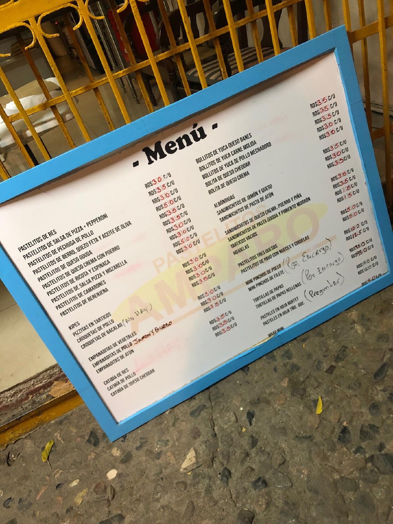 Menu at Pastelitos Amparo restaurant, Santo Domingo