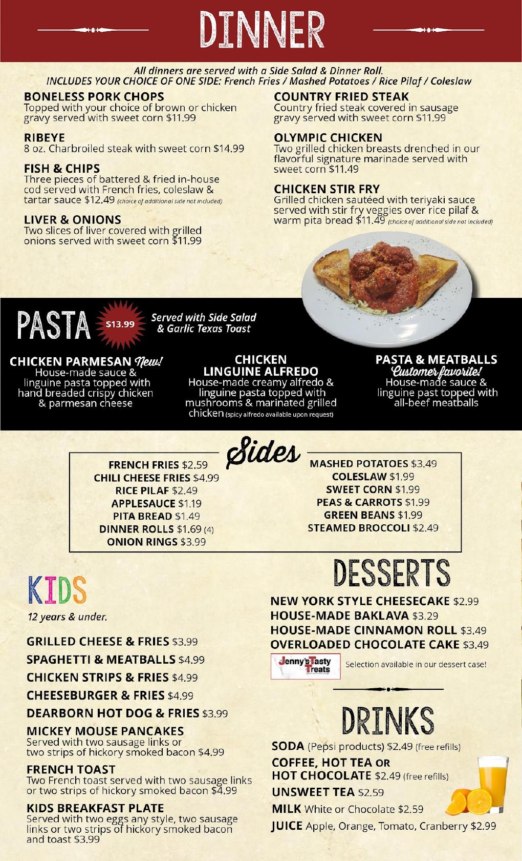 Menu at The Olympic Diner restaurant, Hilliard