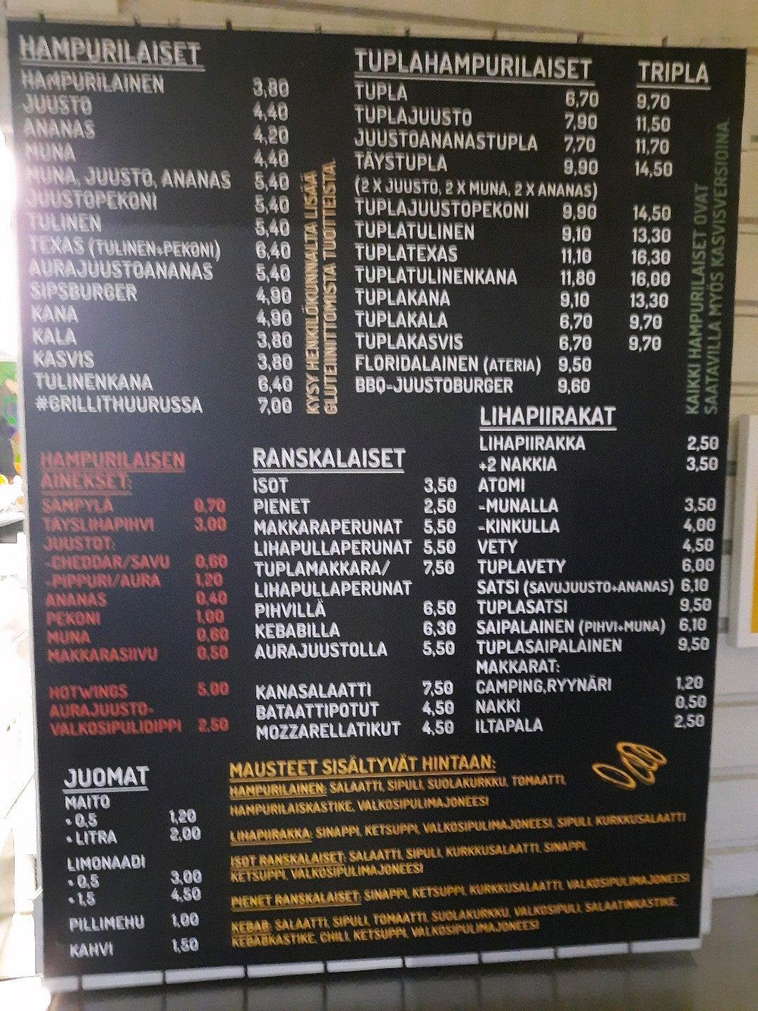 Menu at Tuen Grilli Oy BBQ, Lappeenranta
