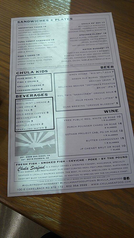 Menu at Chula Seafood Uptown restaurant, Phoenix