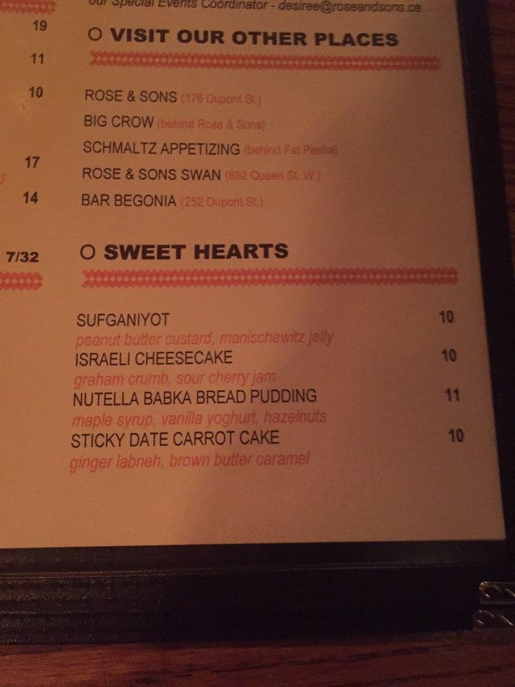 Menu at Fat Pasha restaurant, Toronto, 414 Dupont St