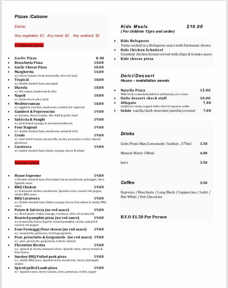 Menu at il lago pizzeria, Mount Warrigal