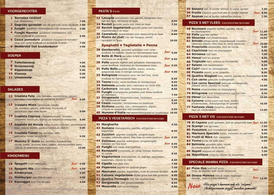 Menu at Mamma d'Italia, Klundert