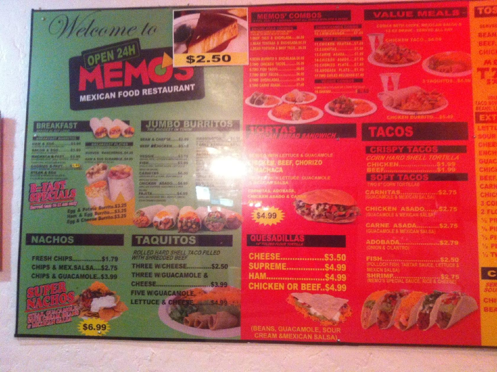 Menu at Memo's Mexican Restaurant, Everett