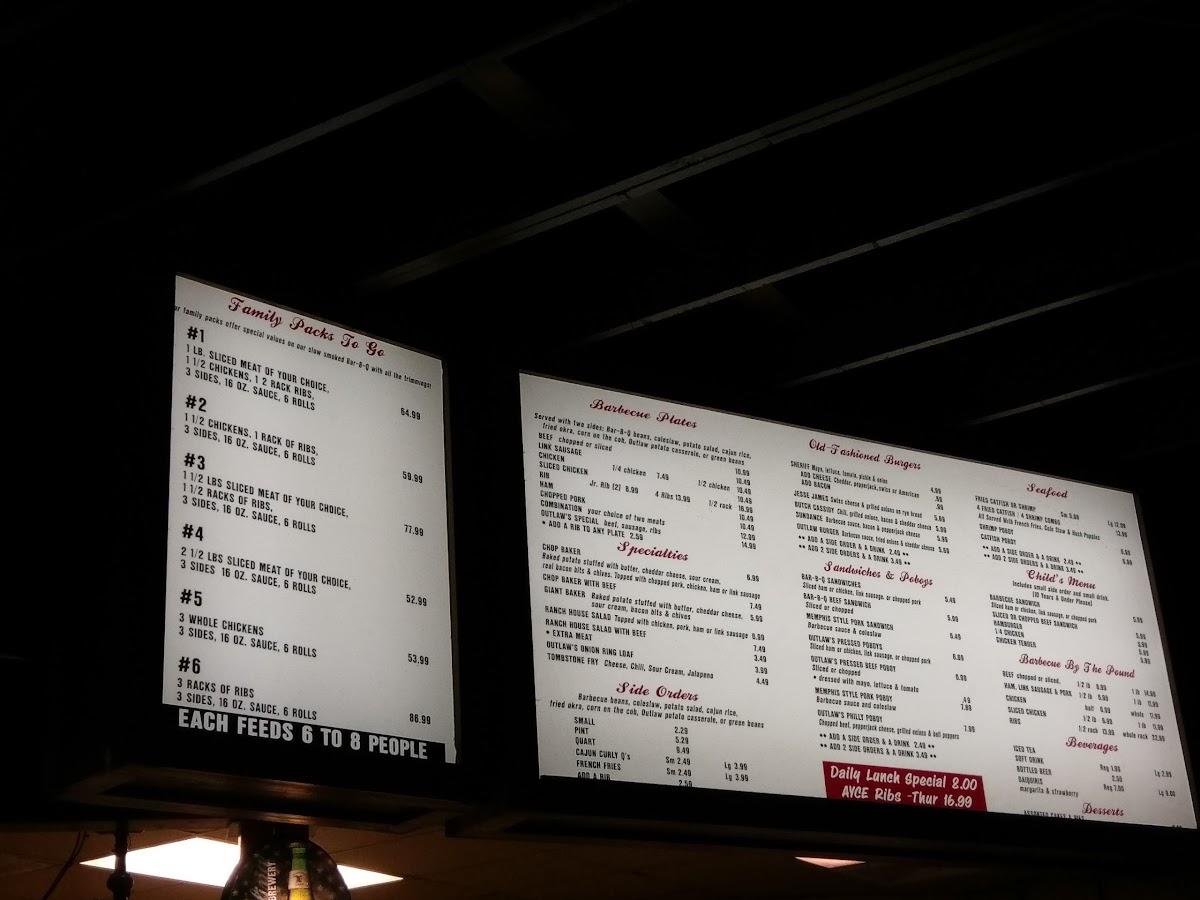 Menu at Outlaw's BBQ--Pineville, Pineville, 359 Kings Country Rd