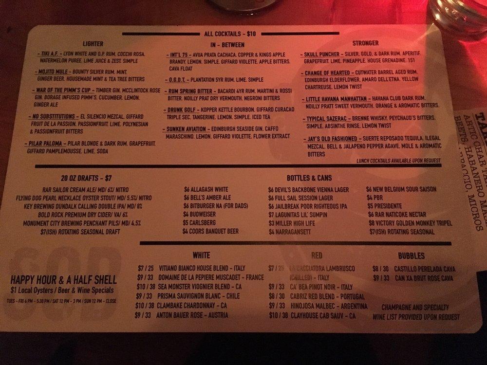 Menu at Sailor Oyster Bar, Annapolis