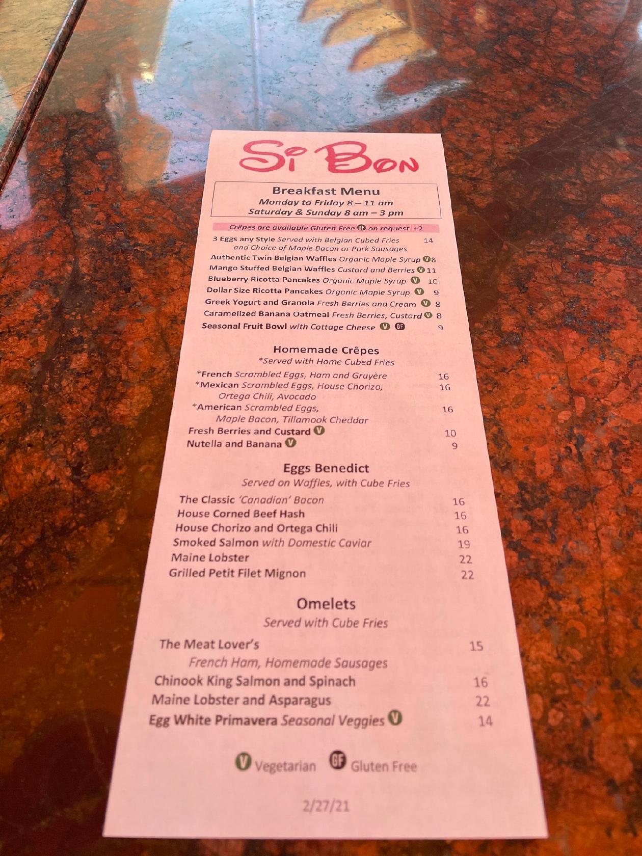 Menu at Si Bon pub & bar, Rancho Mirage
