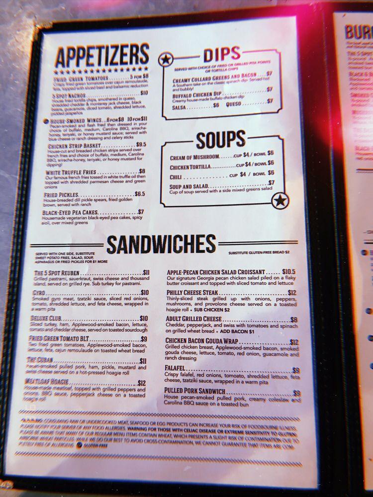 Menu at The 5 Spot Midtown - Neighborhood Kitchen and Bar, Savannah