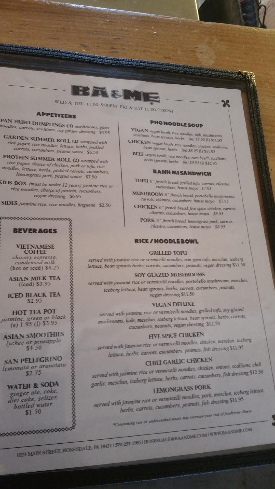 Menu at Bà & Me restaurant, Honesdale, Main St