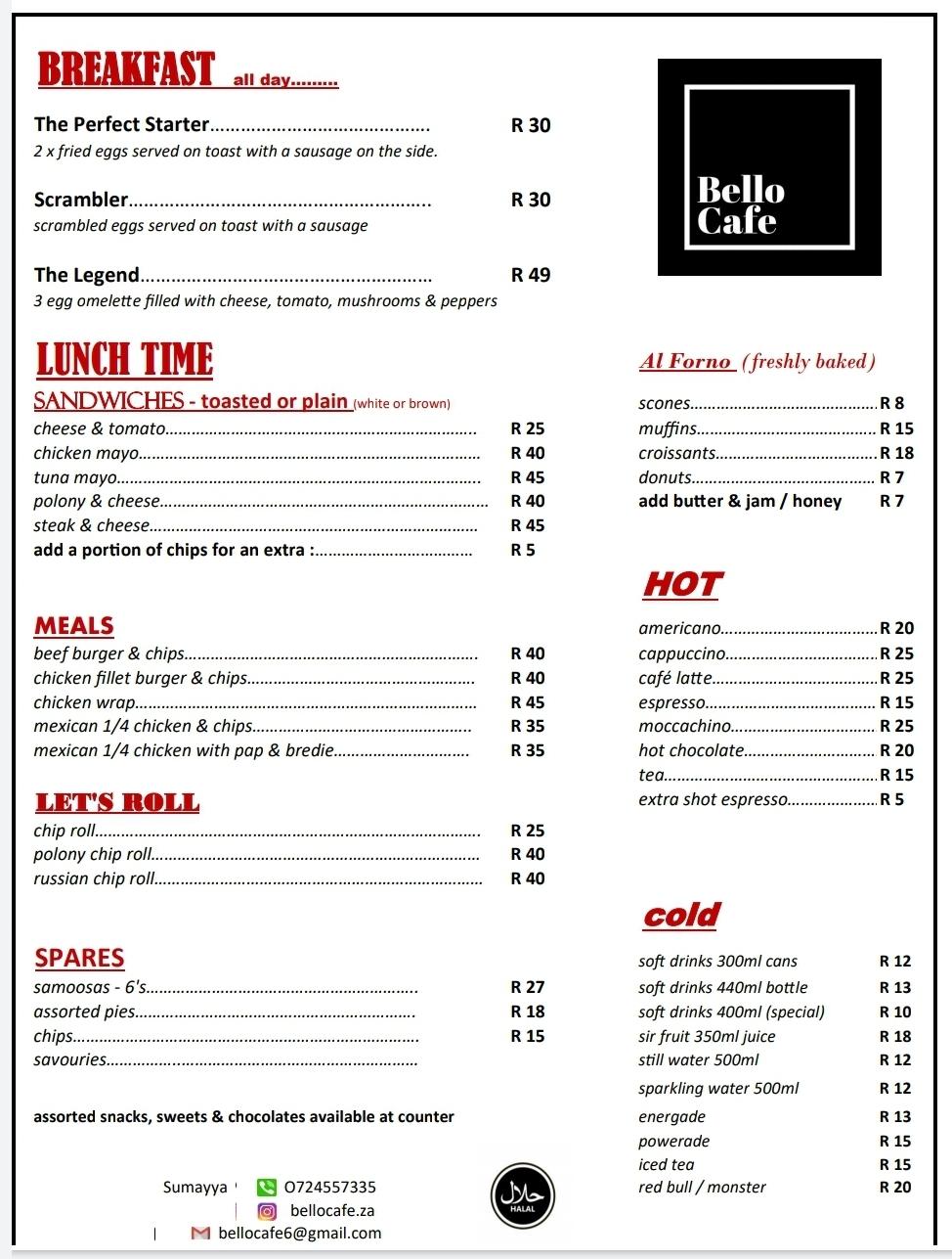 Menu at Bello Cafe, Johannesburg