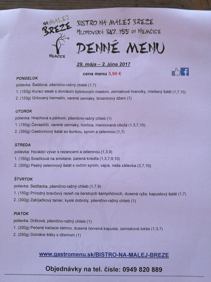 Menu at Bistro na malej breze Nemčice restaurant, Nemčice