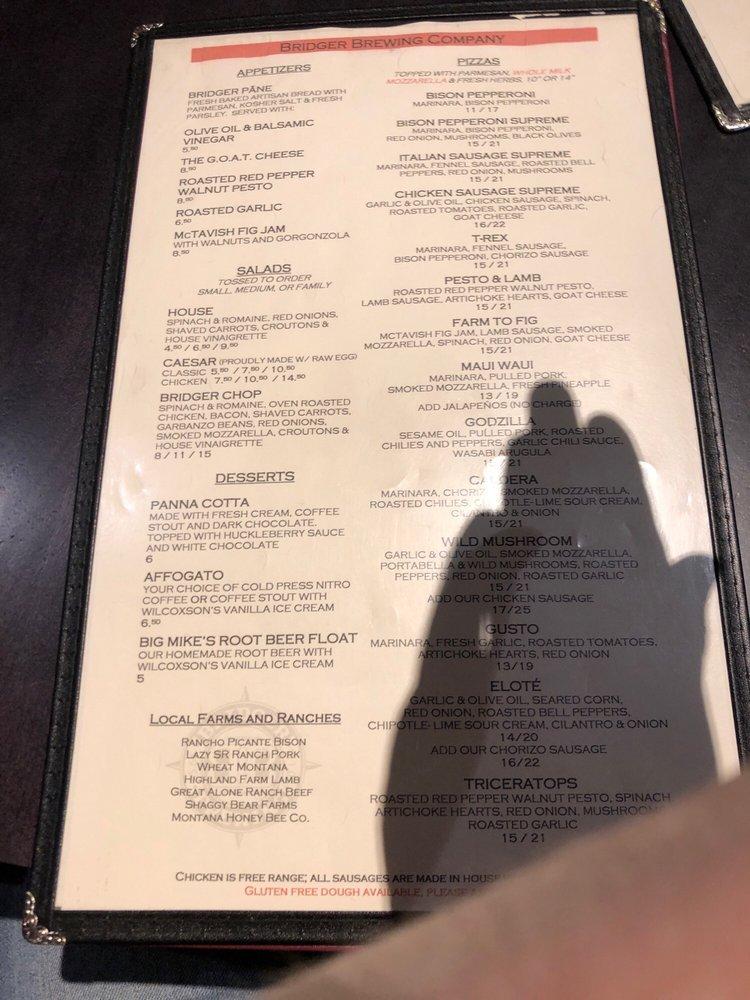 Menu at Bridger Brewing pizzeria, Bozeman