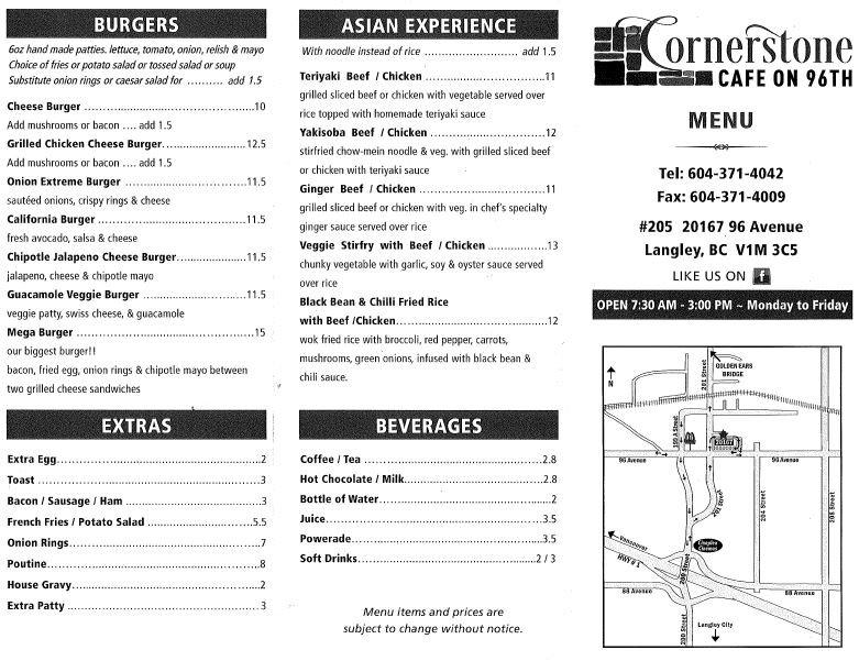 Menu at Cornerstone cafe on 96th, Langley Township