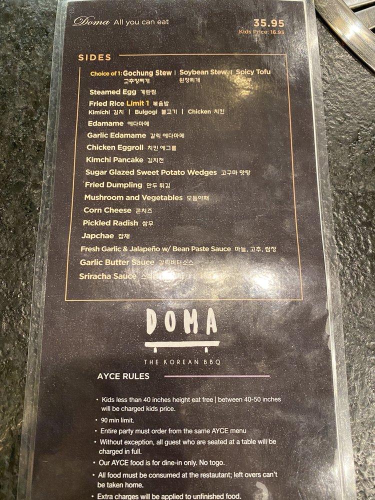 Menu at DOMA The Korean BBQ, Las Vegas