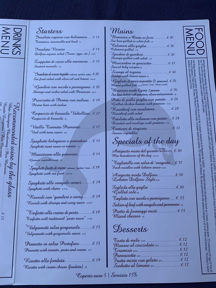 Menu da Delfino ristorante, Portofino