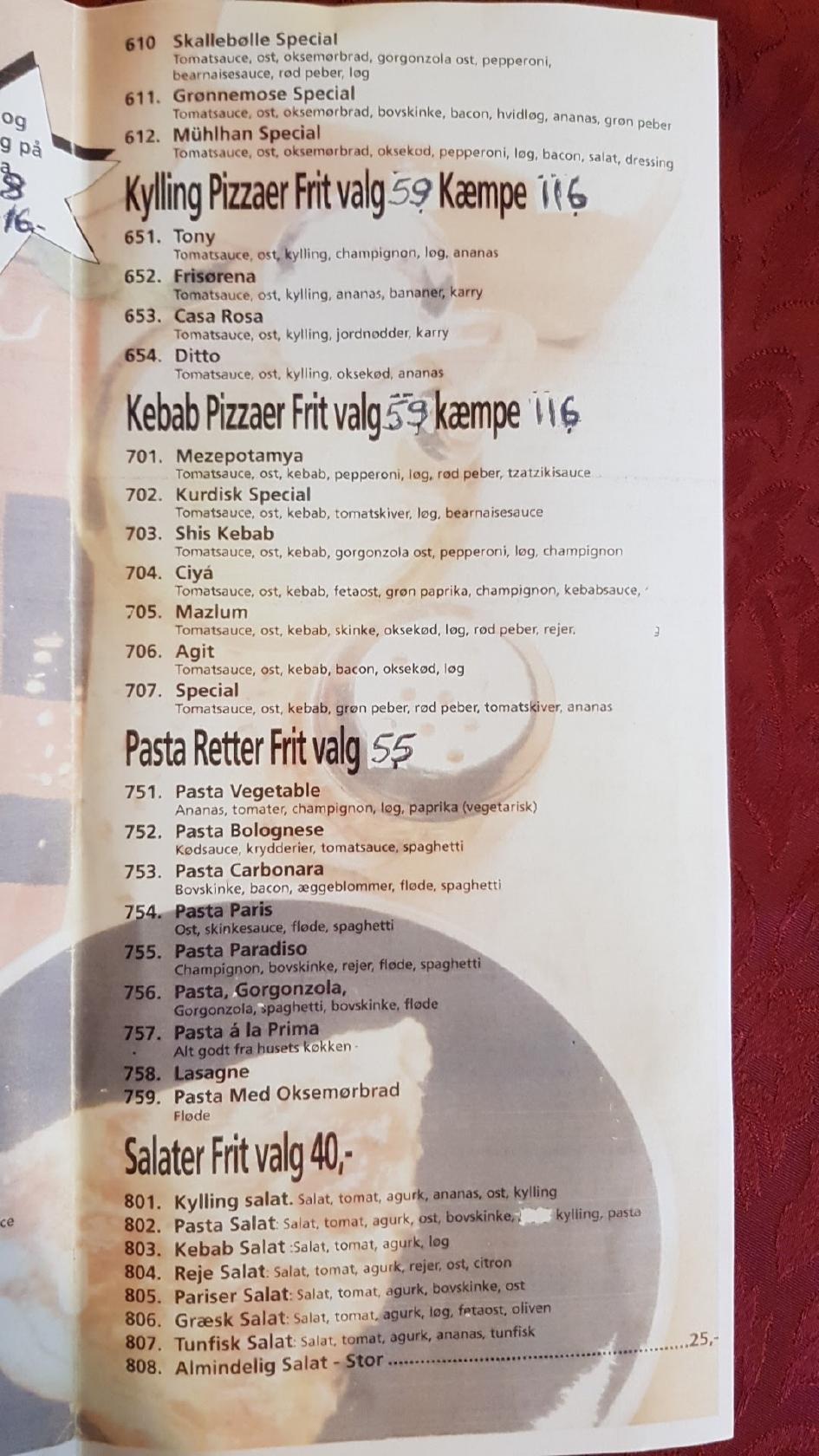 Menu at La Prima restaurant, Vissenbjerg