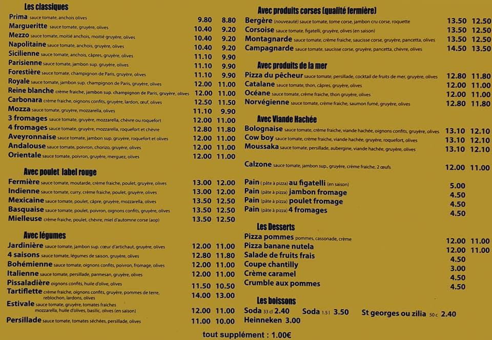 Menu at Pizza Chez Nadine pizzeria, Ajaccio