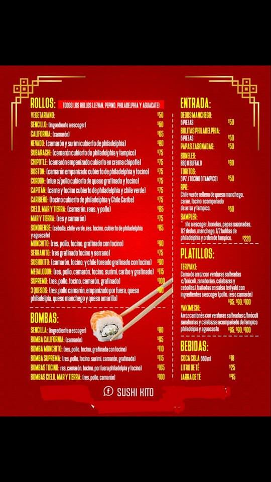 Menu at Sushikito restaurant, Ciudad Obregón