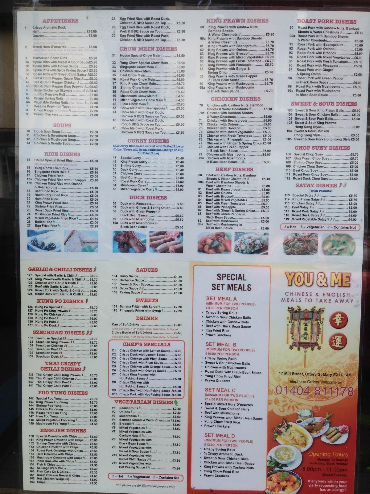 Menu at You & Me Chinese Takeaway fast food, Ottery Saint Mary