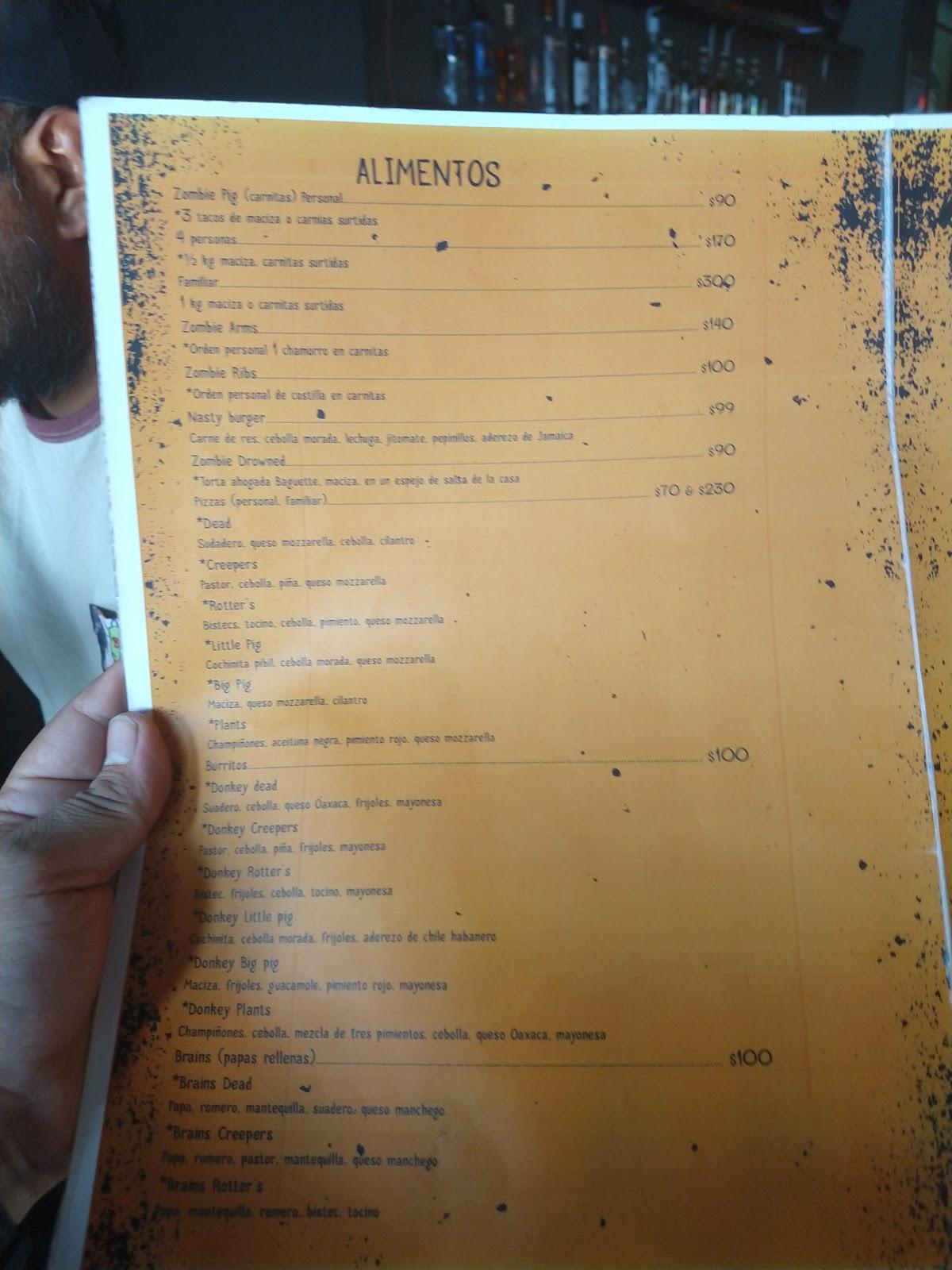 Carta del restaurante Zombie Diner, Ciudad del México