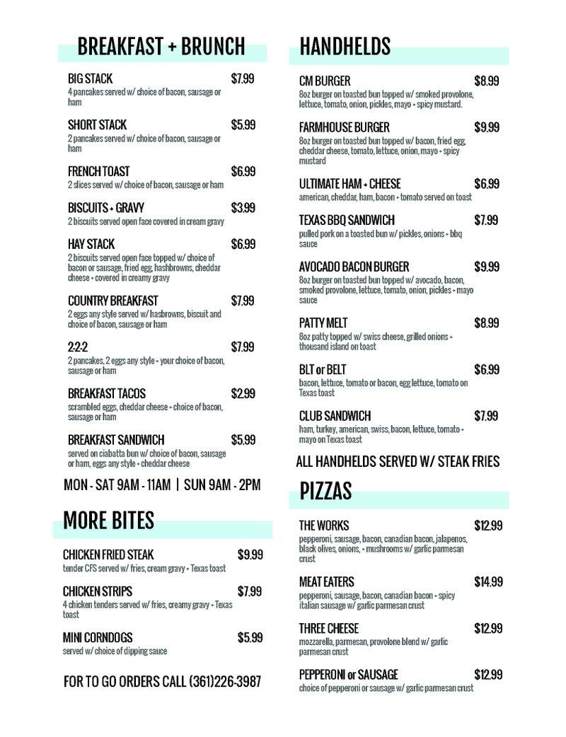 Menu at CM Lanes pizzeria, Aransas Pass