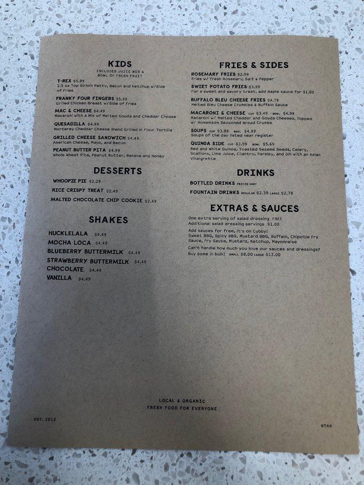 Menu at Cubby's restaurant, Bountiful