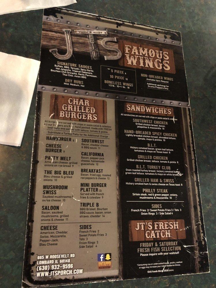 Menu at JT's Porch Saloon & Eatery pub & bar, Lombard