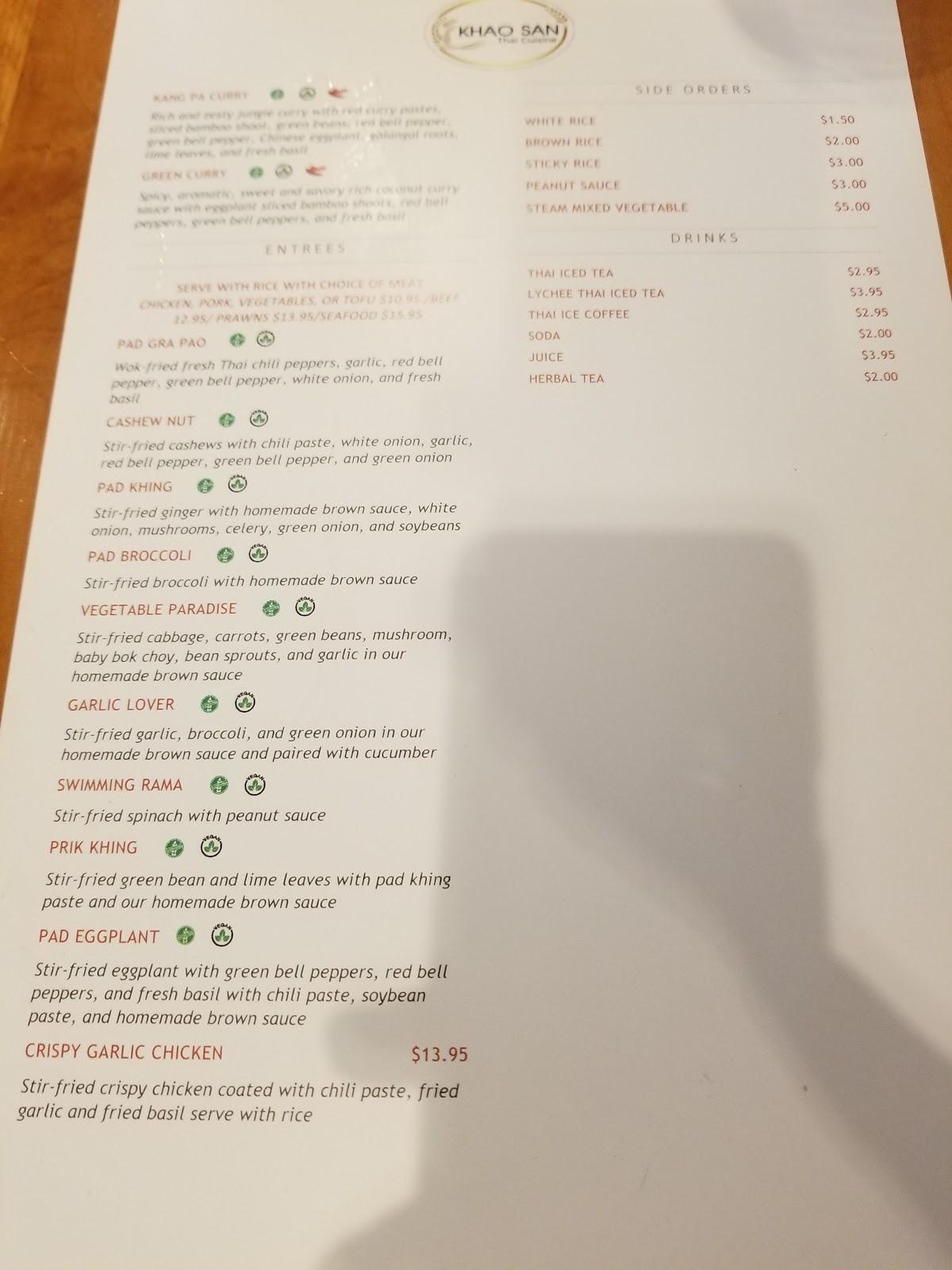 Menu at Khao San Thai Cuisine restaurant, Issaquah