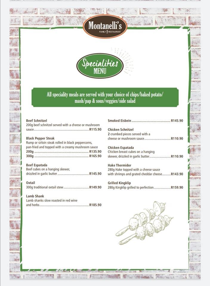 Menu at Montanelli's Family Restaurant, Pretoria