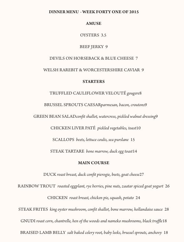 Menu at Peter Pan Bistro restaurant, Toronto