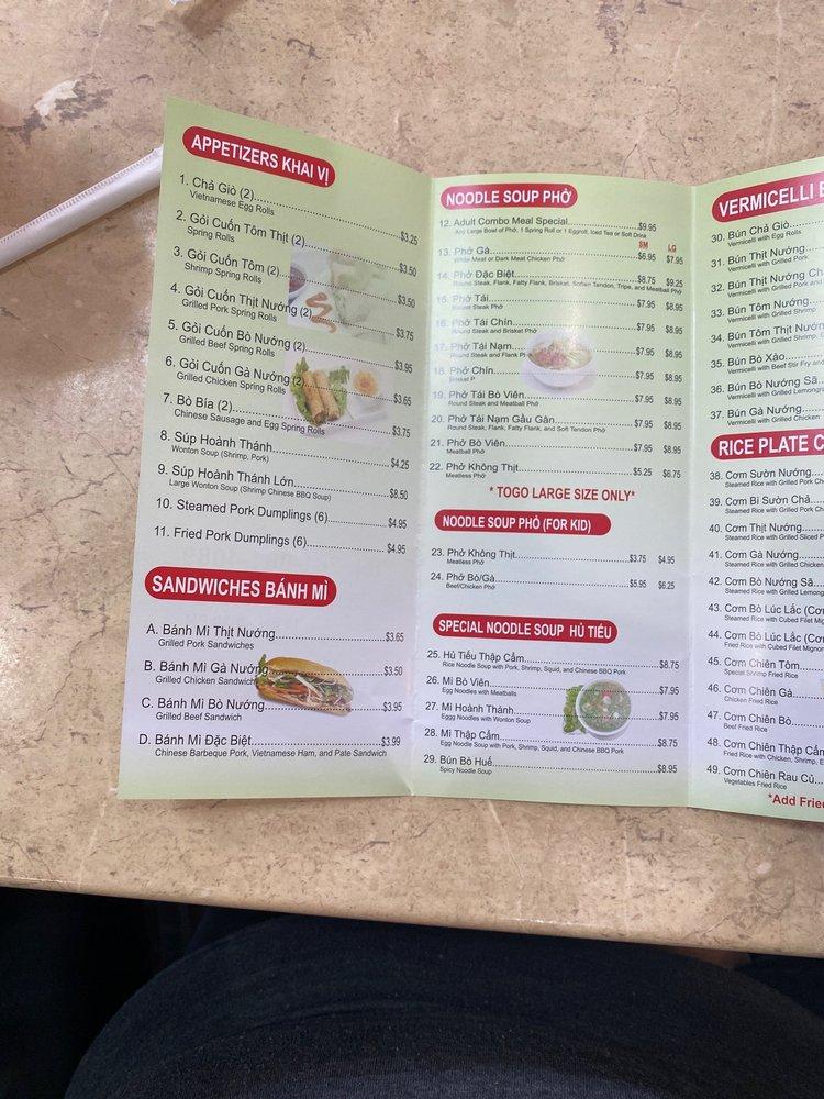 Menu at Phở Trường Phát restaurant, Houston