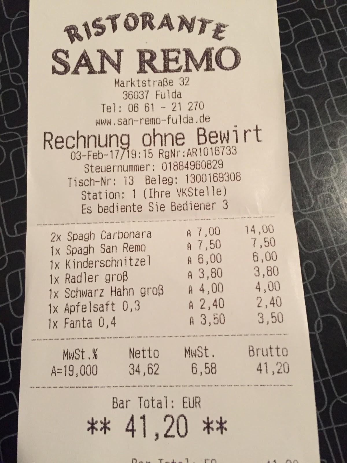Speisekarte von Pizzeria San Remo, Fulda