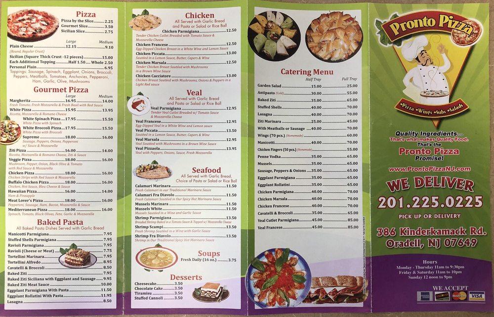 Menu at Pronto Pizza pizzeria, Oradell