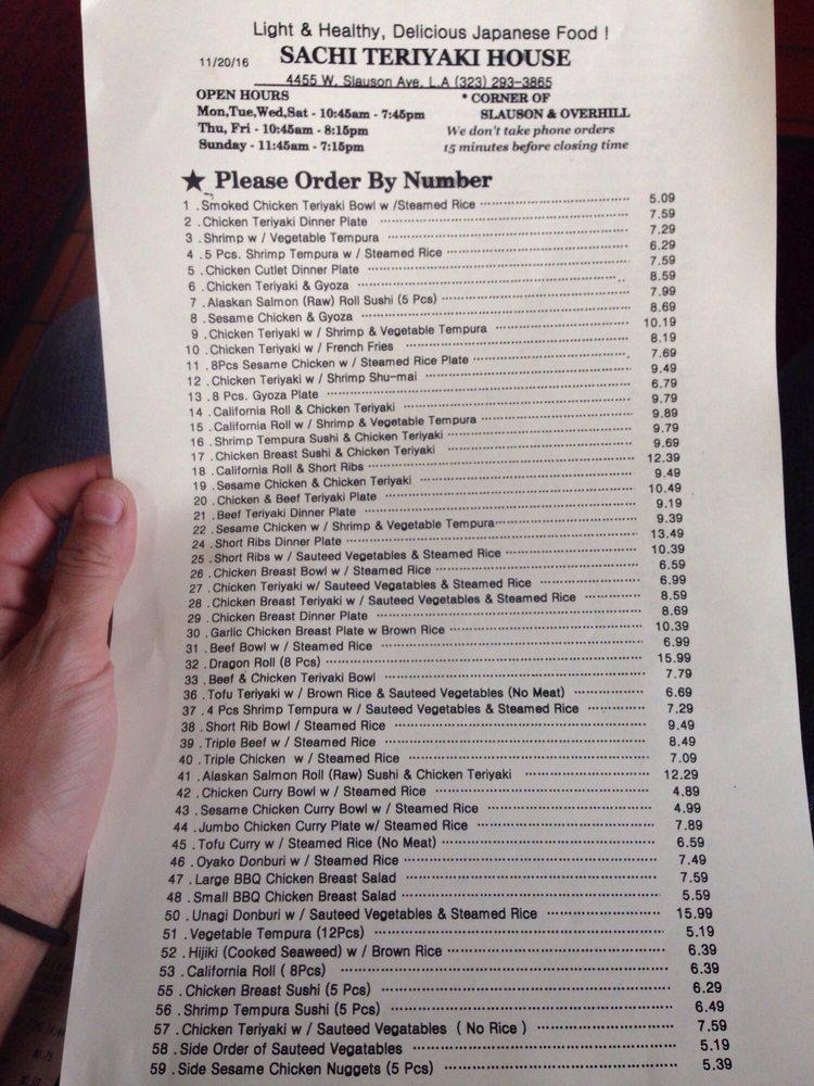 Menu at Sachi Teriyaki House restaurant, Los Angeles