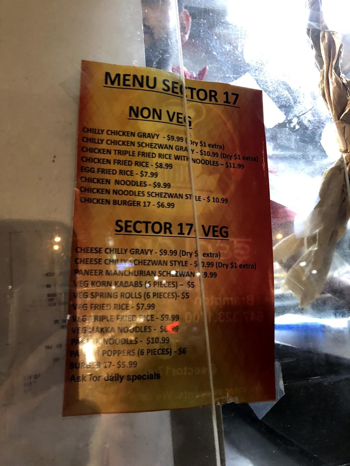 Menu at Sector 17 restaurant, Brampton, 180 Clarence St