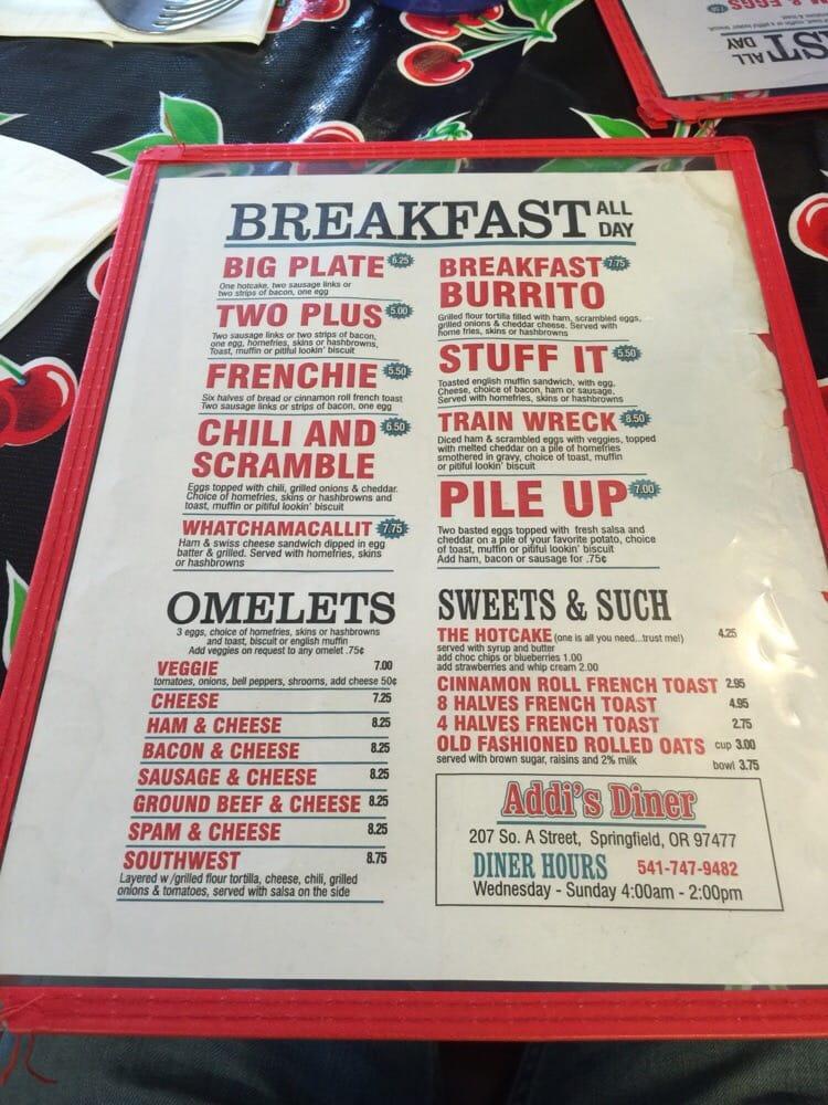 Menu at Addi's Diner restaurant, Springfield