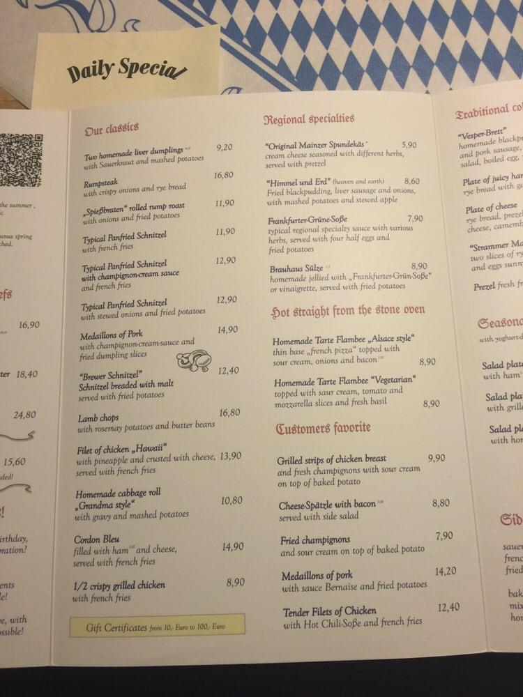 Menu at Brauhaus Castel restaurant, Wiesbaden