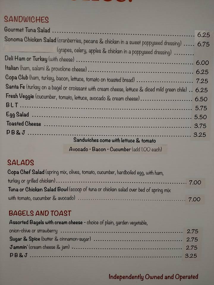 Menu at Copa Cafe, Golden