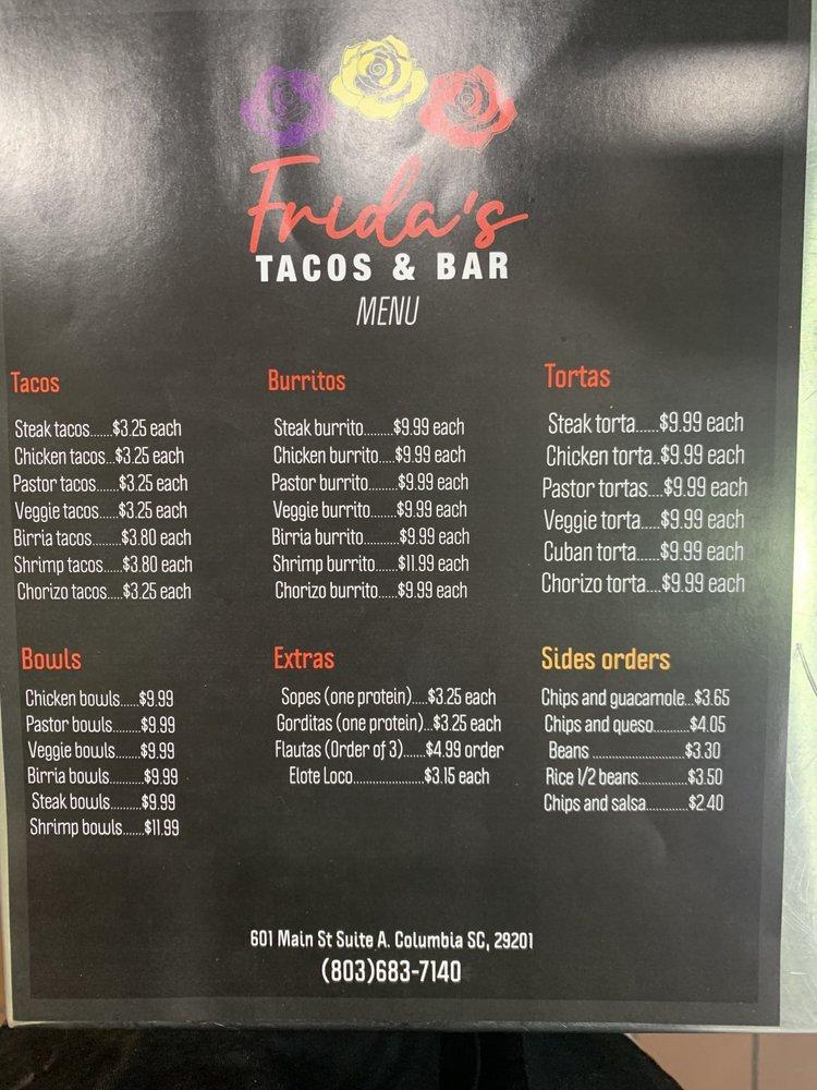 Menu at Frida's Tacos and Bar, Columbia