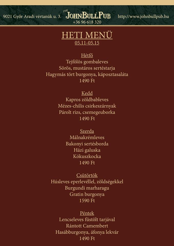 Menu at John Bull Pub, Győr