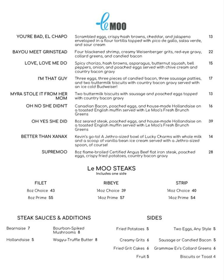 Menu at Le Moo steakhouse, Louisville